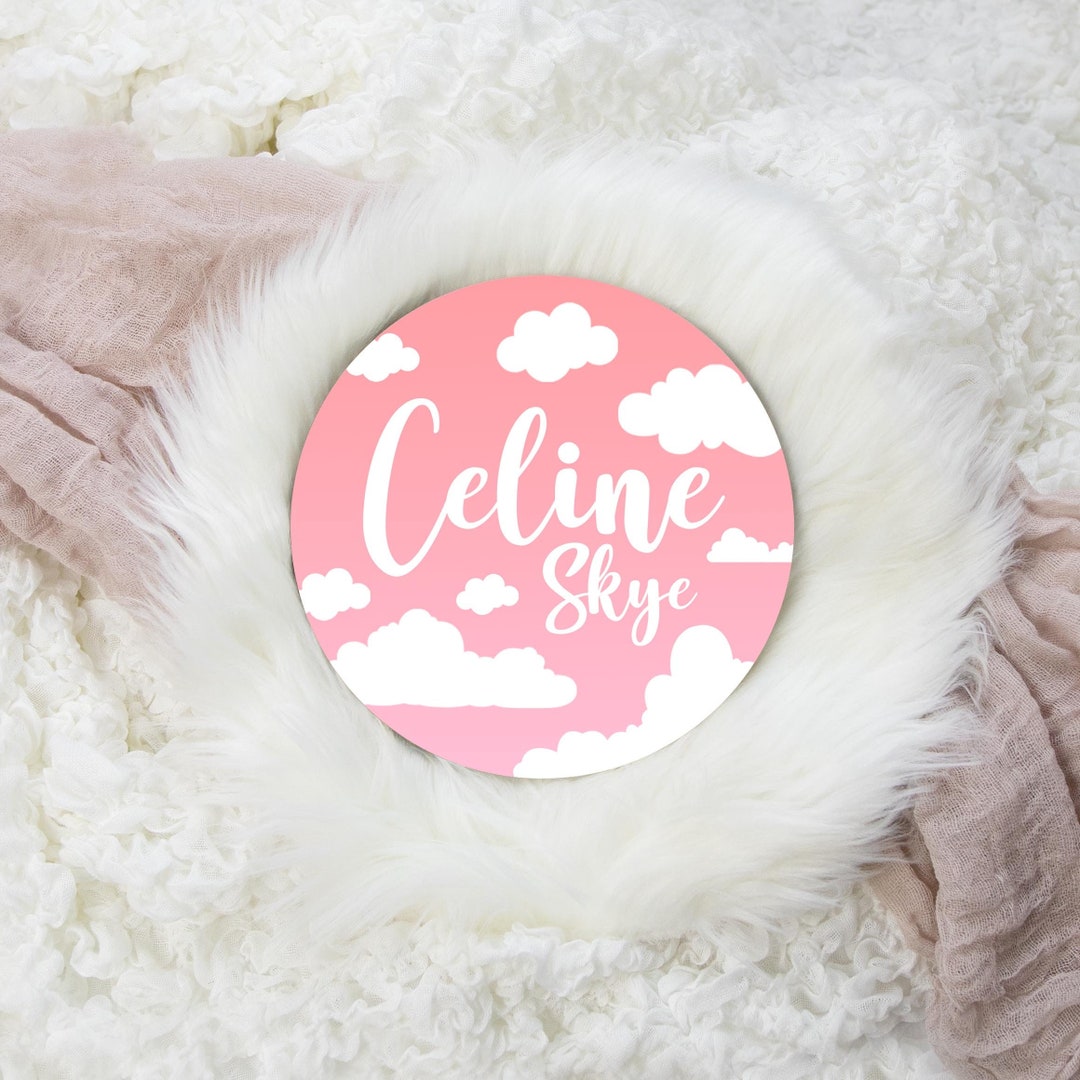 Clouds Round Wood Name Sign, Pink Clouds Baby Sign, Round Wood Baby ...