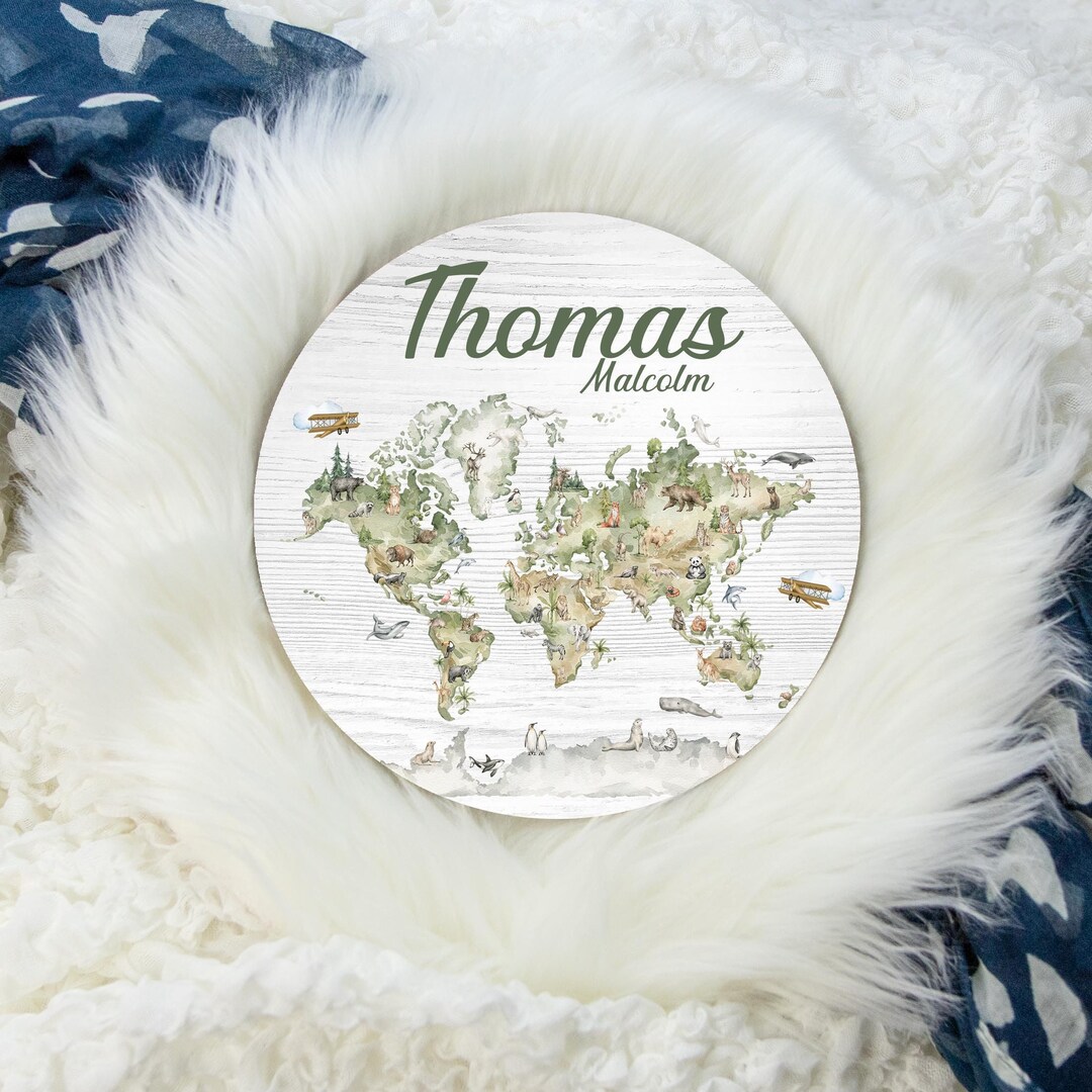 World Map Safari Baby Sign, Adventure Name Sign, Round Wood Name Sign ...