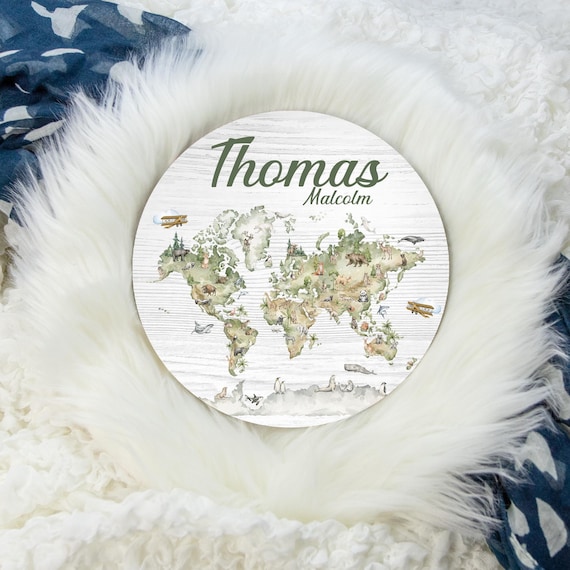 World Map Safari Baby Sign Adventure Name Sign Round Wood - Etsy