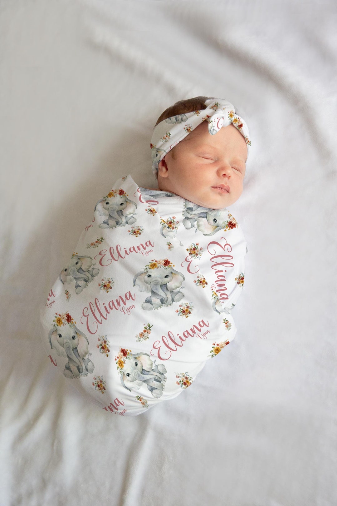 Boho Elephant Swaddle Set, Wild Flower Elephant Swaddle, Elephant Baby ...