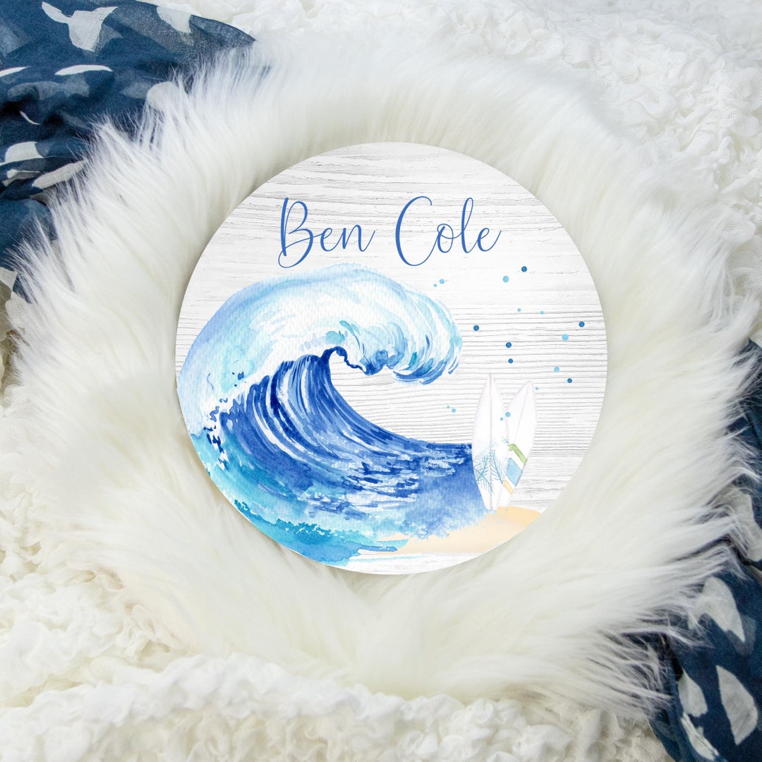 Ocean Waves Round Wood Name Sign, Surfer Baby Sign, Round Wood Baby ...