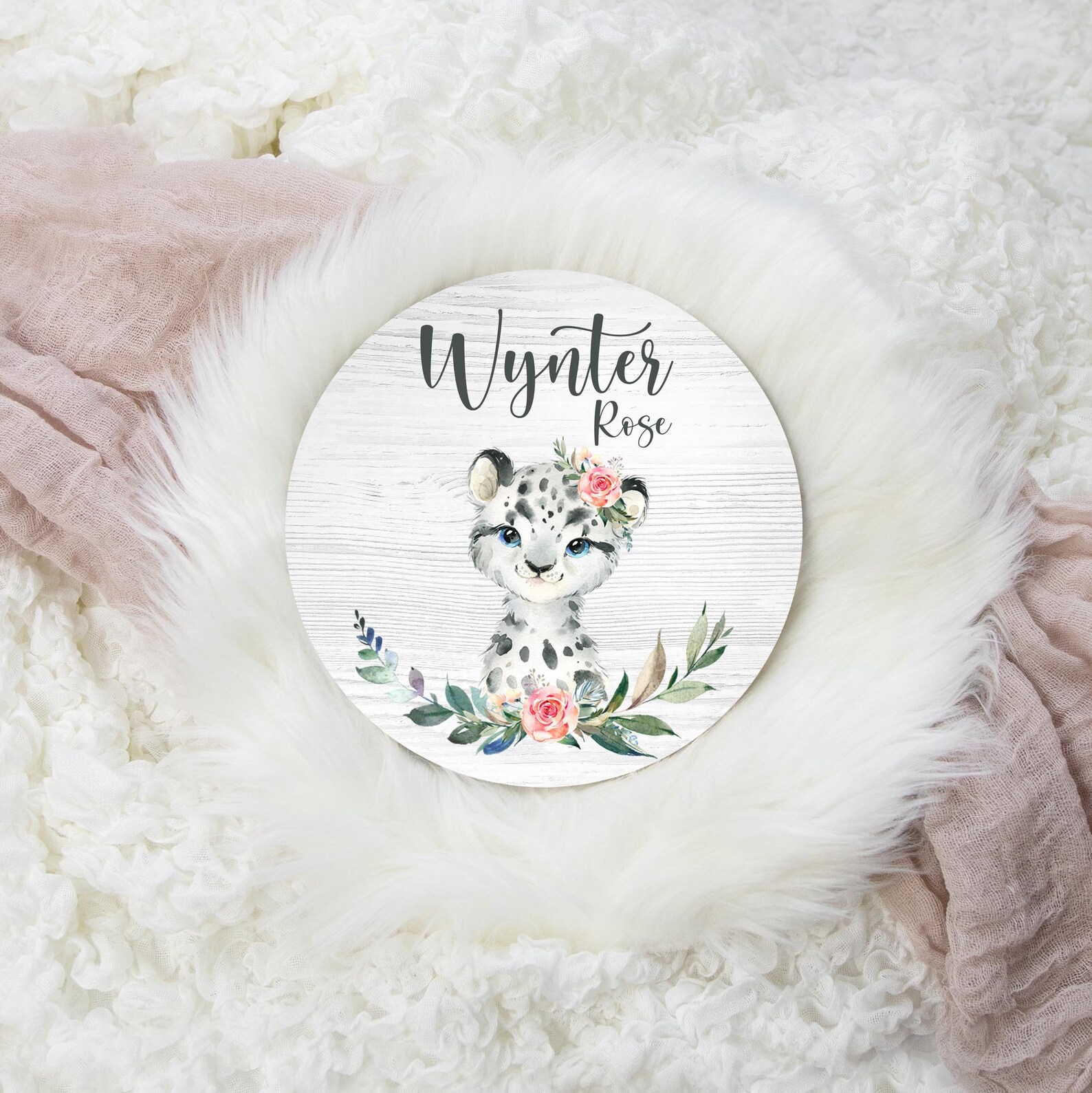 Round Wood Name Sign Wood Baby Name Sign Snow Leopard Baby - Etsy