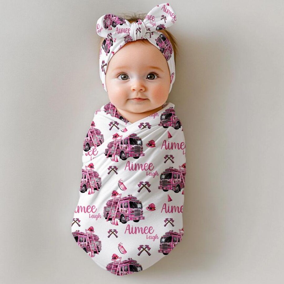 Girl Fire Truck Swaddle Set, Pink Fire Truck Swaddle Blanket ...