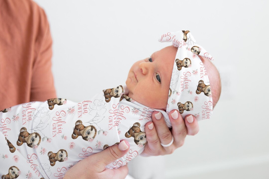 Girl Sloth Swaddle Set, Sloth Swaddle Blanket, Personalized Baby ...