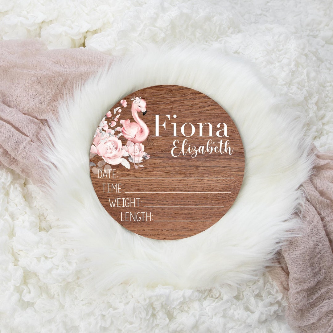 Flamingo Birth Stat Sign, Round Wood Birth Stat Sign, Tropical Birth ...