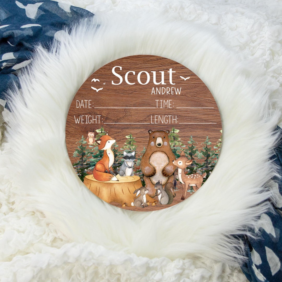 Woodland Birth Stat Sign, Round Wood Birth Stat Sign, Woodland Nursery ...