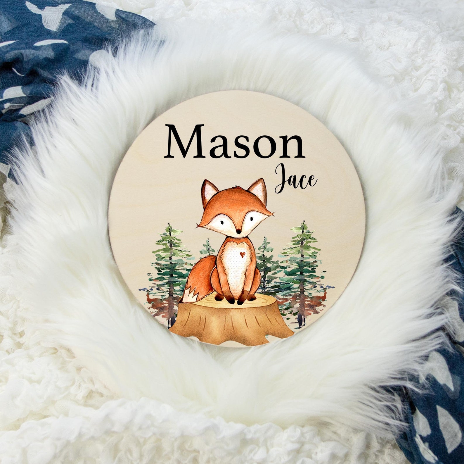 Round Wood Name Sign Wood Baby Fox Name Sign Woodland Fox | Etsy