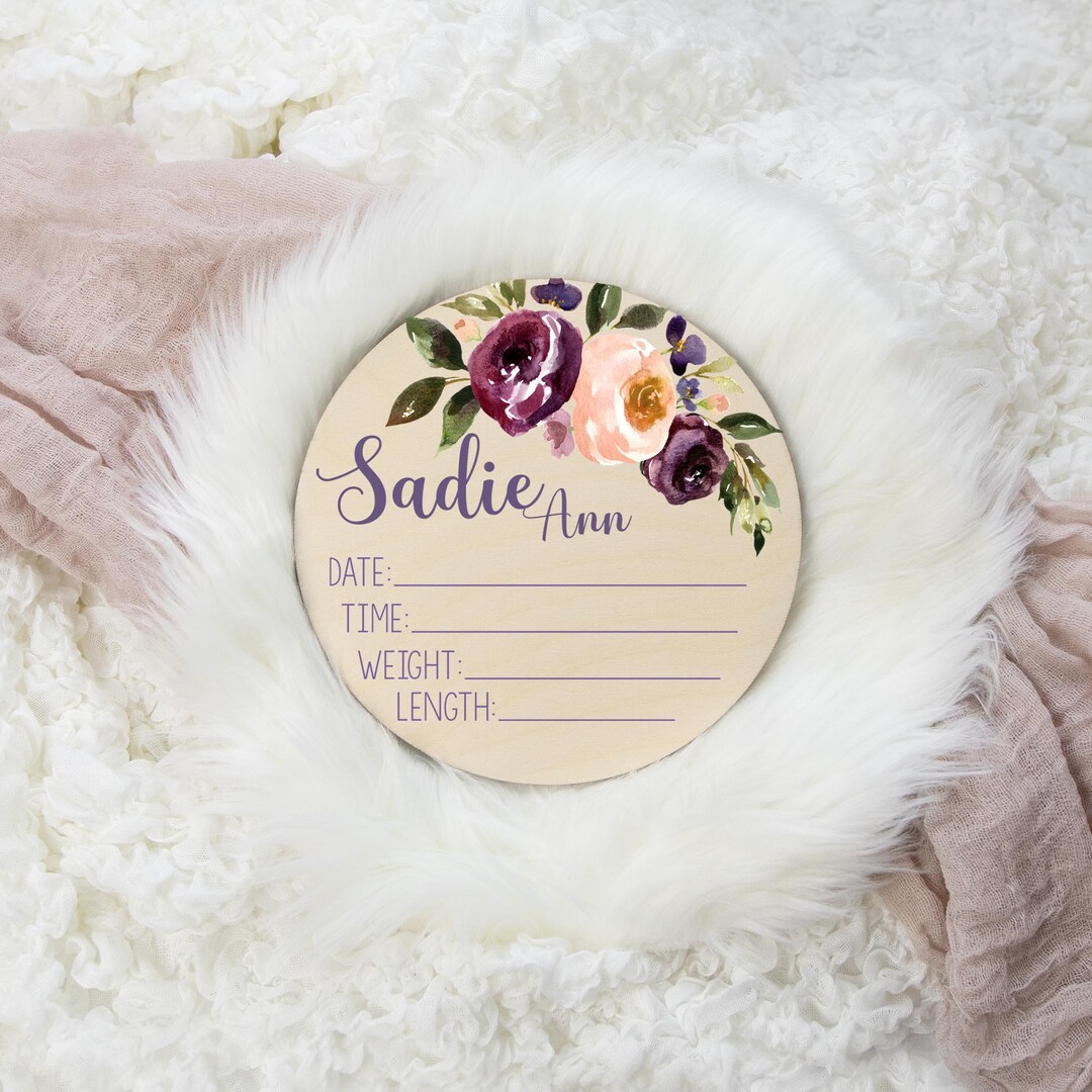 Birth Stat Sign, Round Wood Birth Stat Sign, Purple Peach Floral Birth ...