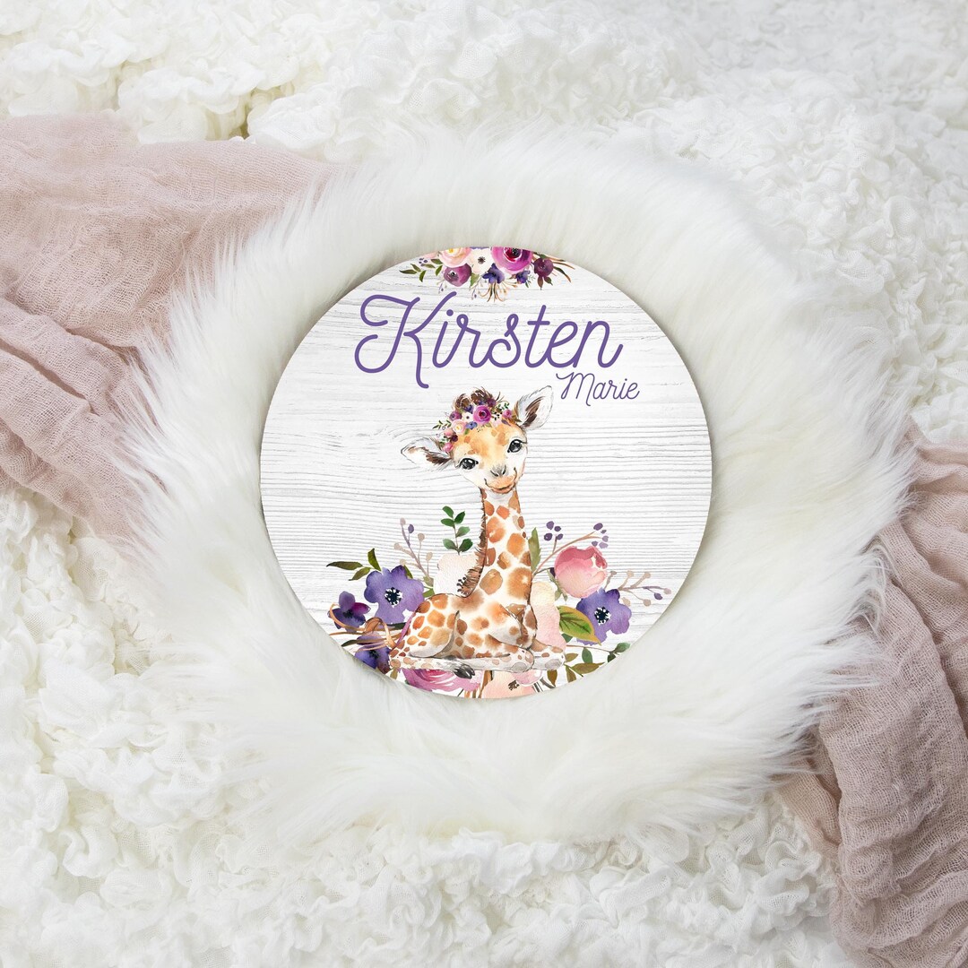 Giraffe Round Wood Name Sign, Purple Floral Giraffe Baby Sign, Round ...