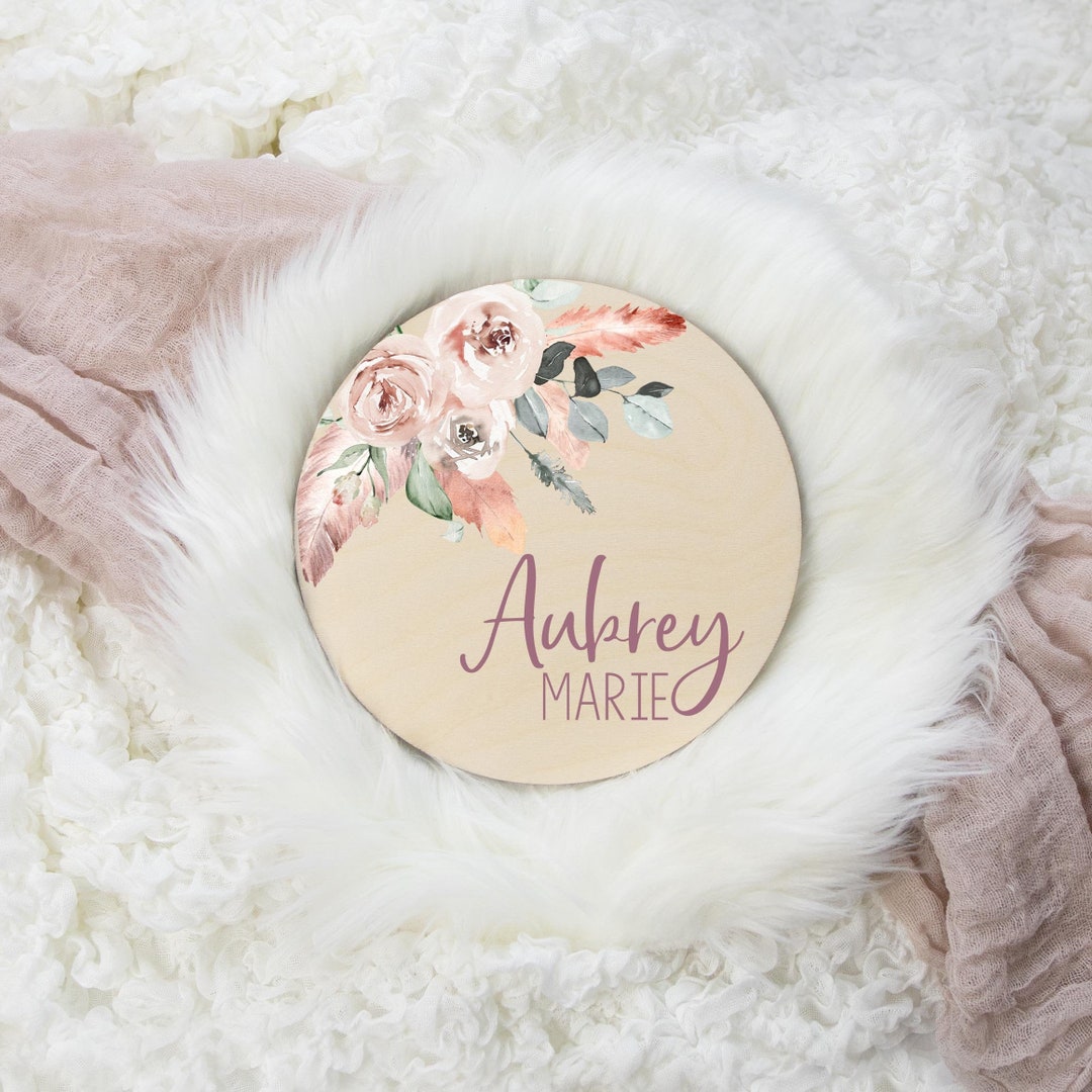 Boho Floral Round Wood Name Sign, Boho Roses Baby Sign, Round Wood Baby ...