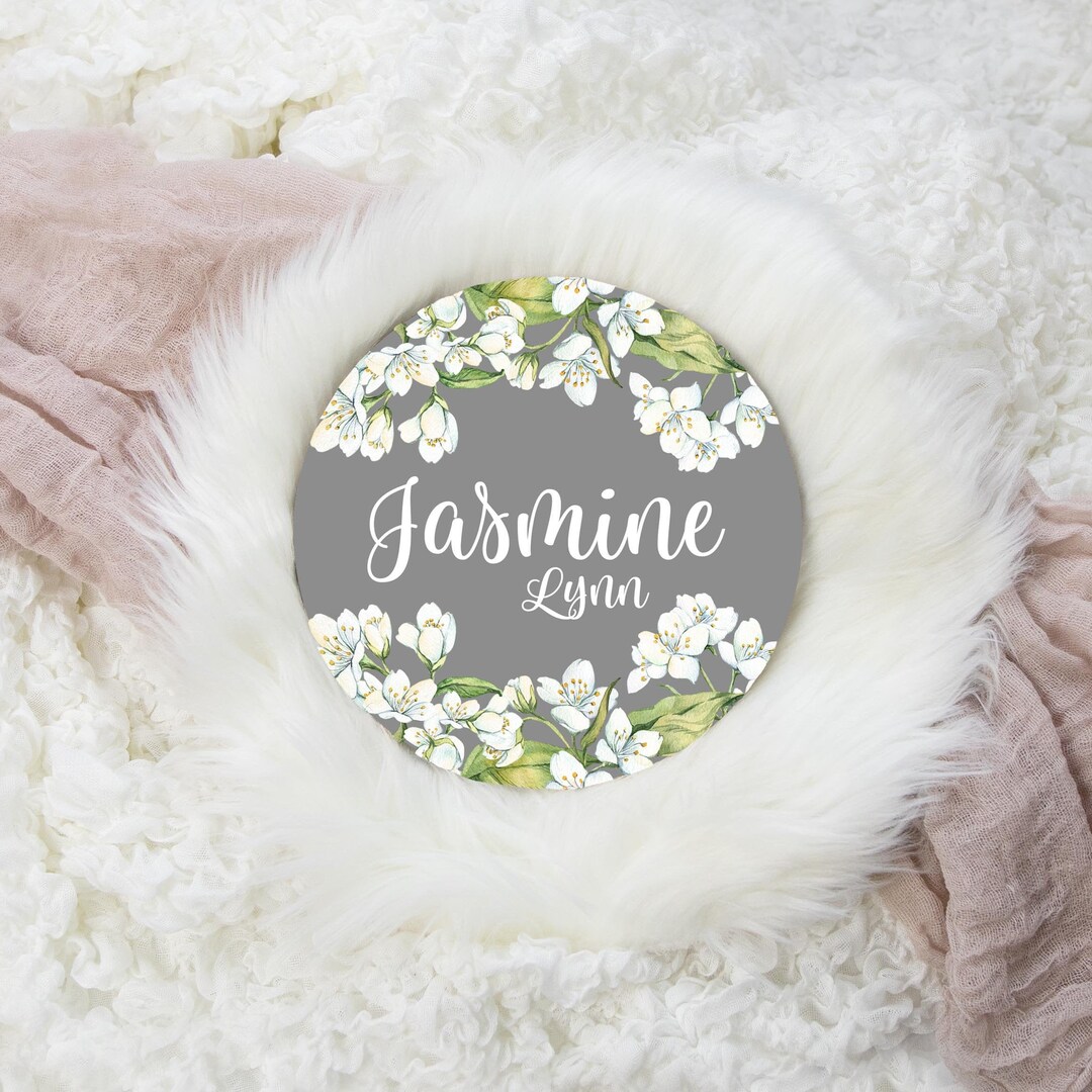 Jasmine Floral Round Wood Name Sign, White Jasmine Baby Sign, Round ...