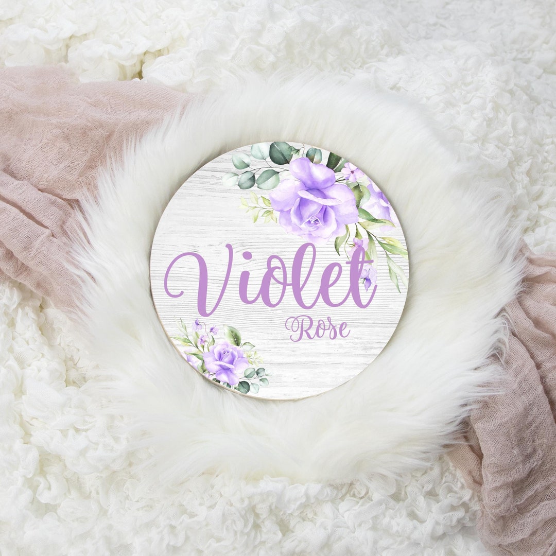 Violet Rose Floral Round Wood Name Sign, Purple Rose Baby Sign, Round ...