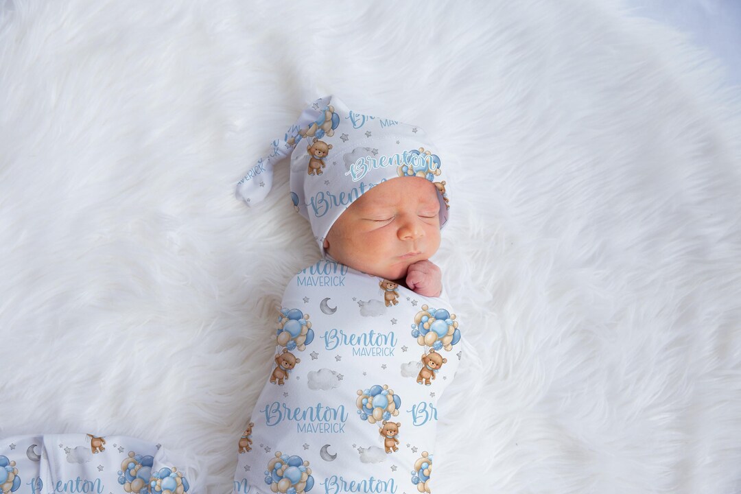 Boy Bear Balloon Swaddle Set, Personalized Bear and Stars Baby Blanket ...