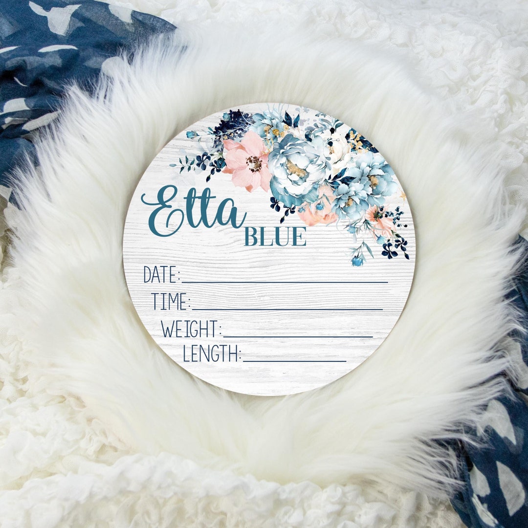 Girl Birth Stat Sign, Blue and Blush Floral Birth Stat Sign, Round Wood ...
