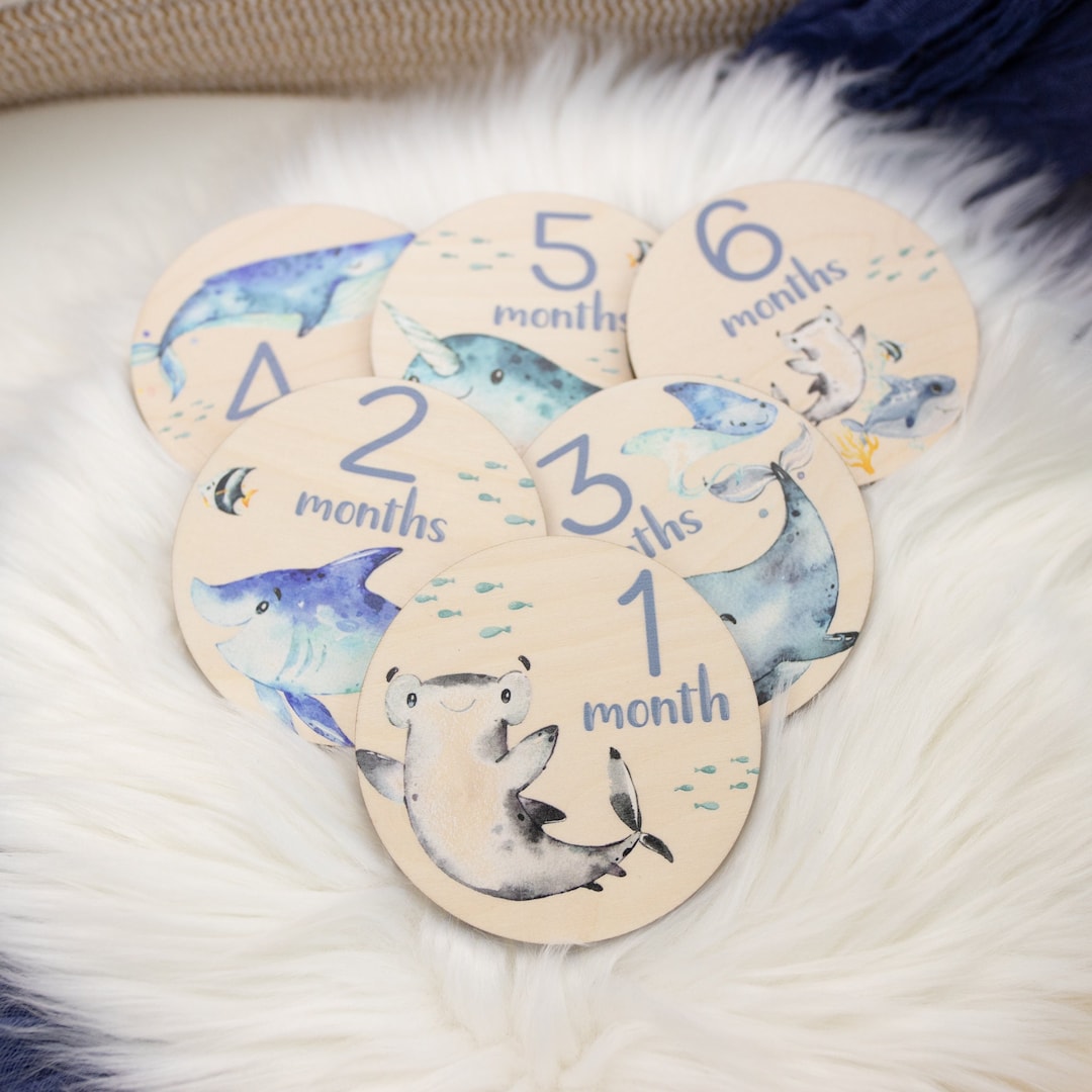 Shark Milestone Cards, Baby Milestone Ocean Life Discs Marker, Wood ...