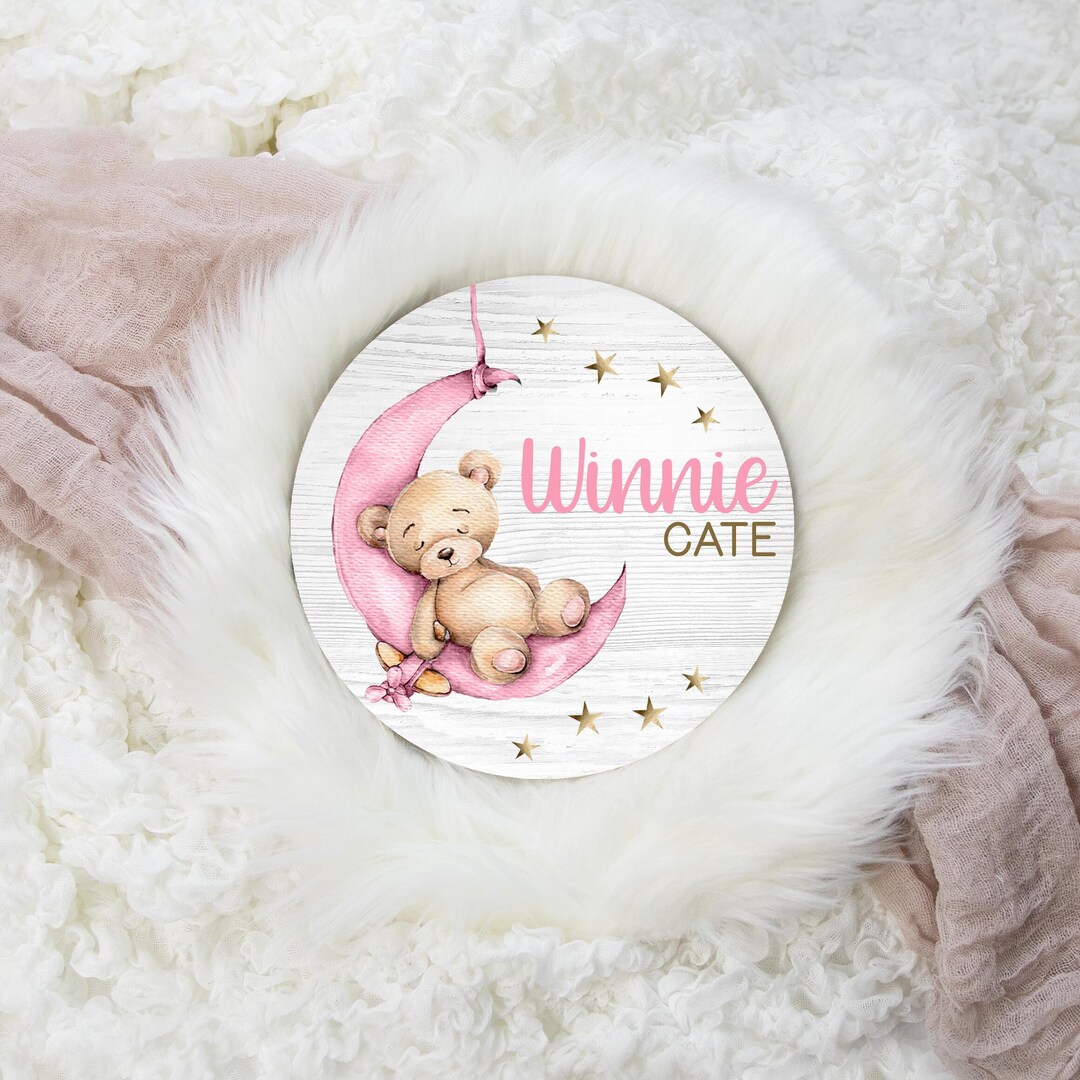 Lullaby Baby Girl Bear Wood Name Sign, Moon Bear Baby Sign, Round Wood ...