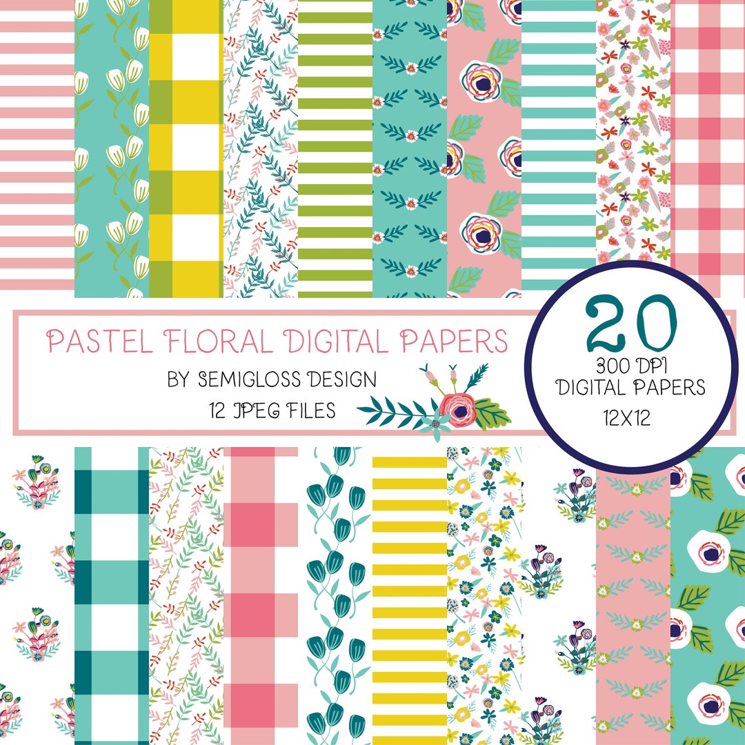 Spring Folk Floral Digital Paper With Pastel Gingham and Stripes - Etsy