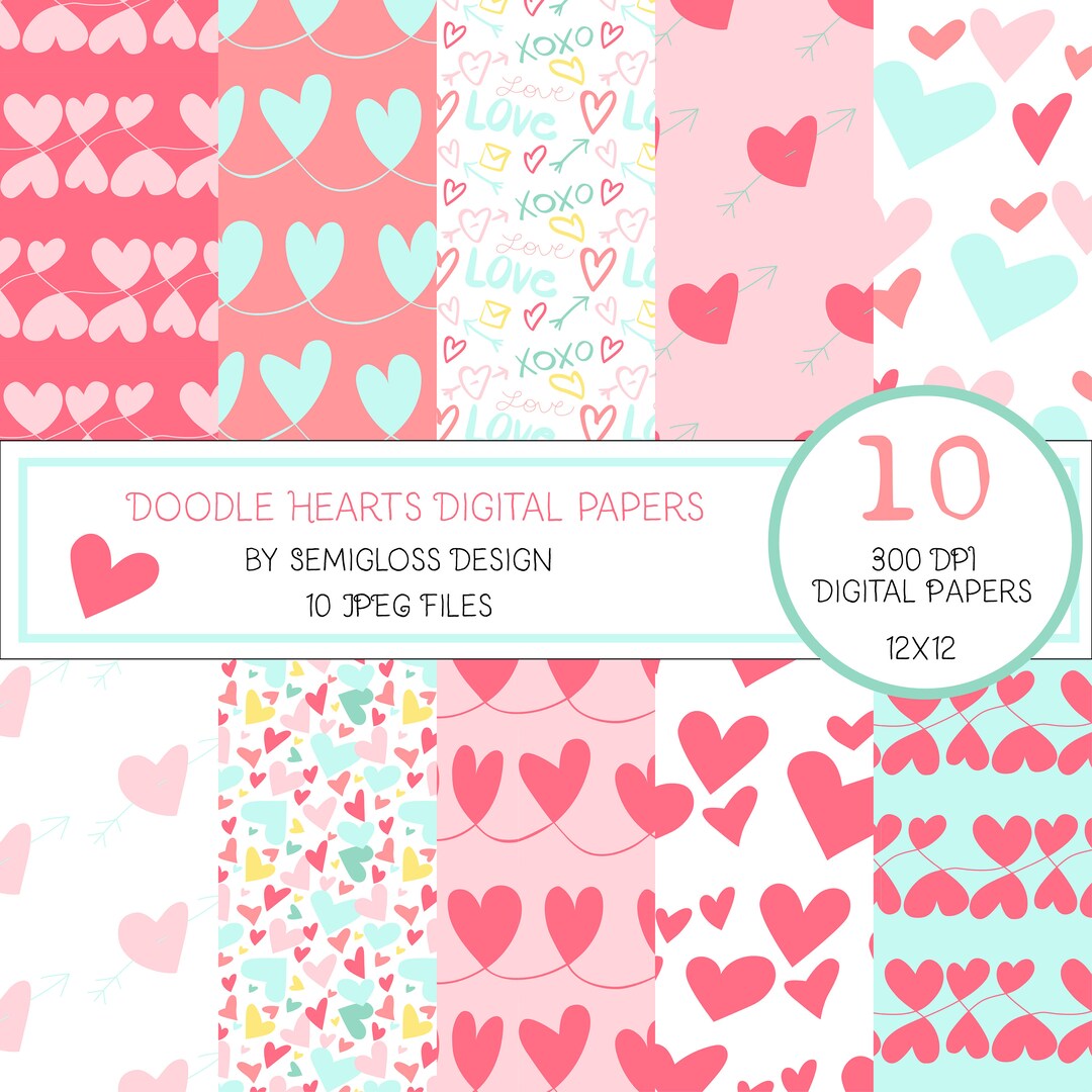 Heart Digital Paper Set With Hand Drawn Patterns - Etsy