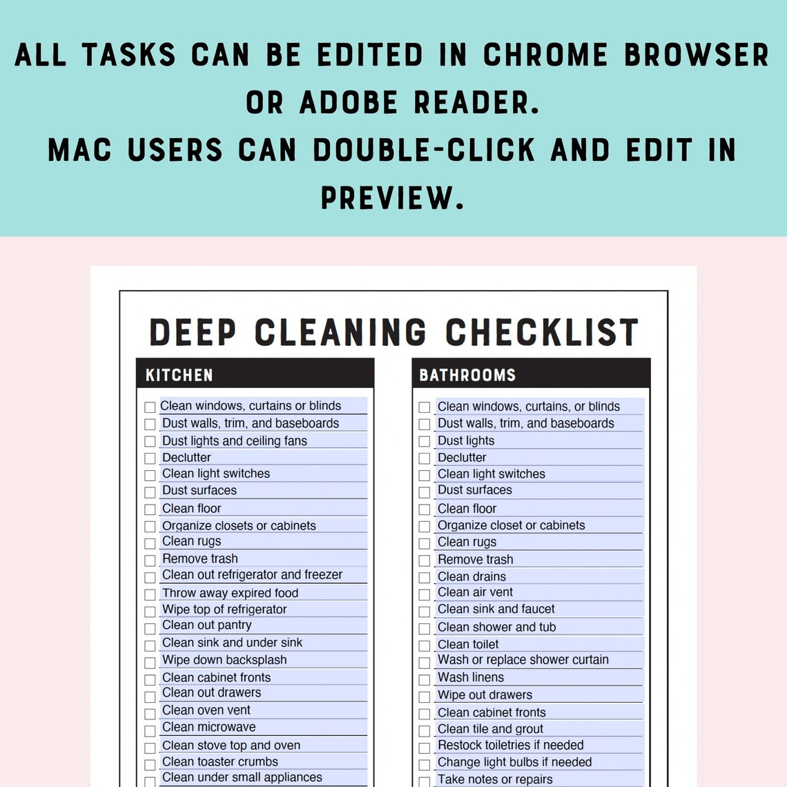 Editable Deep Cleaning Checklist Printable PDF - Etsy