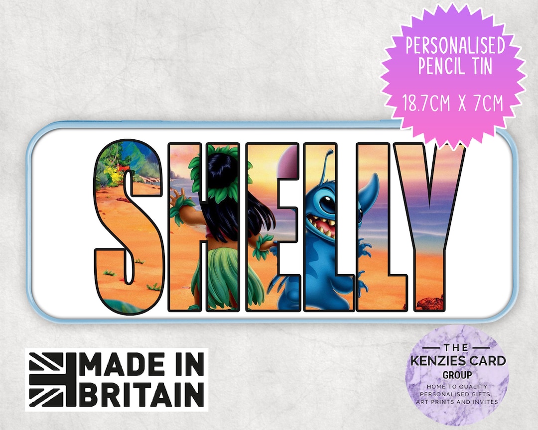 Personalised Disney's Lilo and Stitch Word Art Blue Pencil Tin Any Name ...