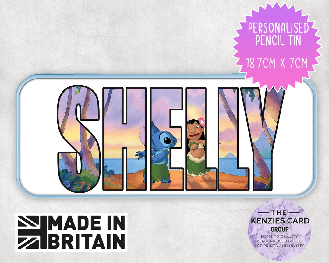 Personalised Disney's Lilo and Stitch Word Art Blue Pencil Tin Any Name ...