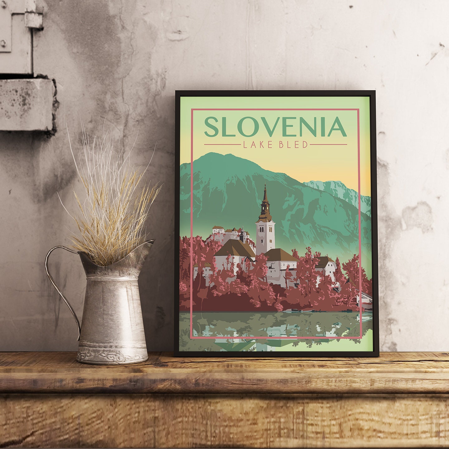 Slovenia Lake Bled Vintage Travel Poster | Etsy