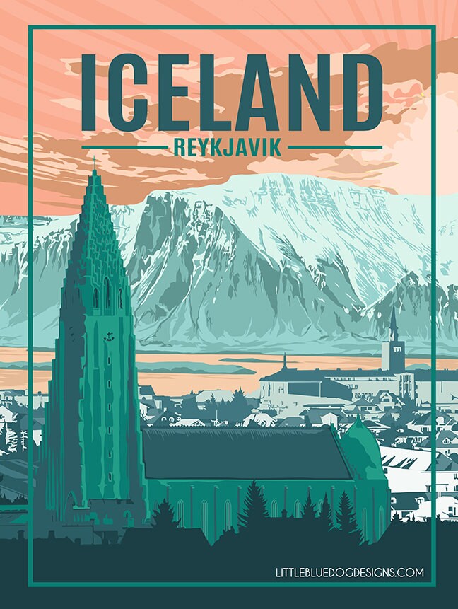 Iceland Reykjavik Vintage Travel Poster | Etsy