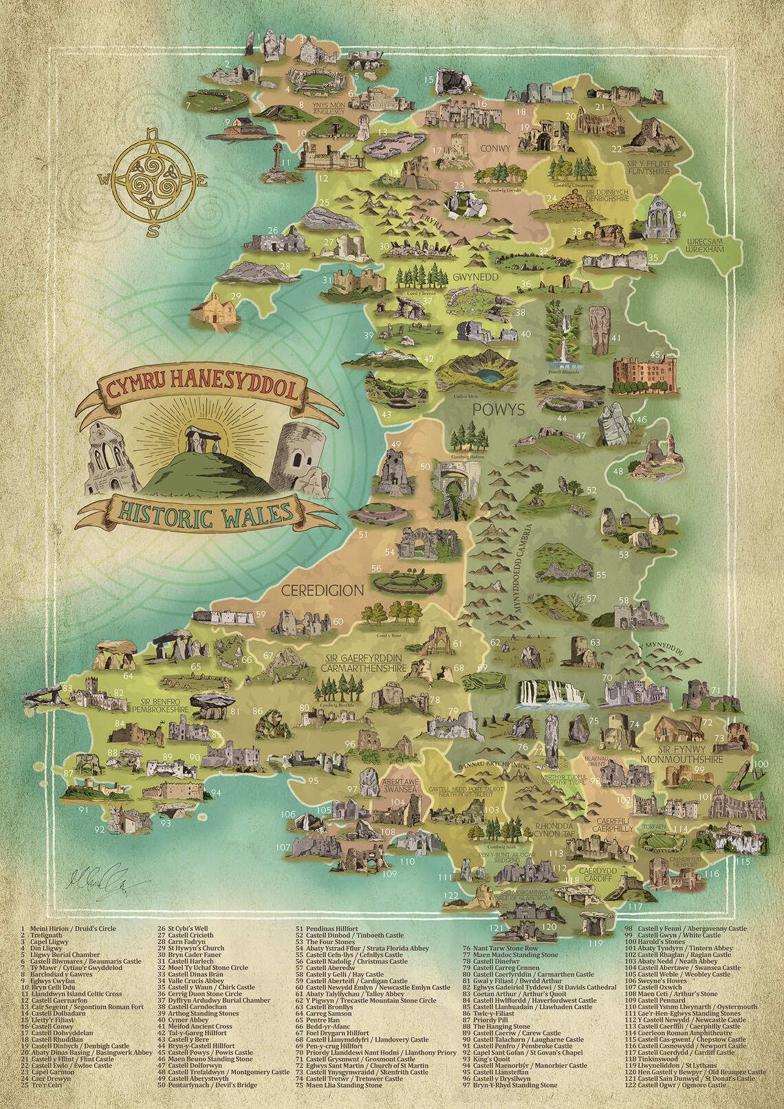 Historic Wales / Cymru Hanesyddol Hand Illustrated Map - Etsy