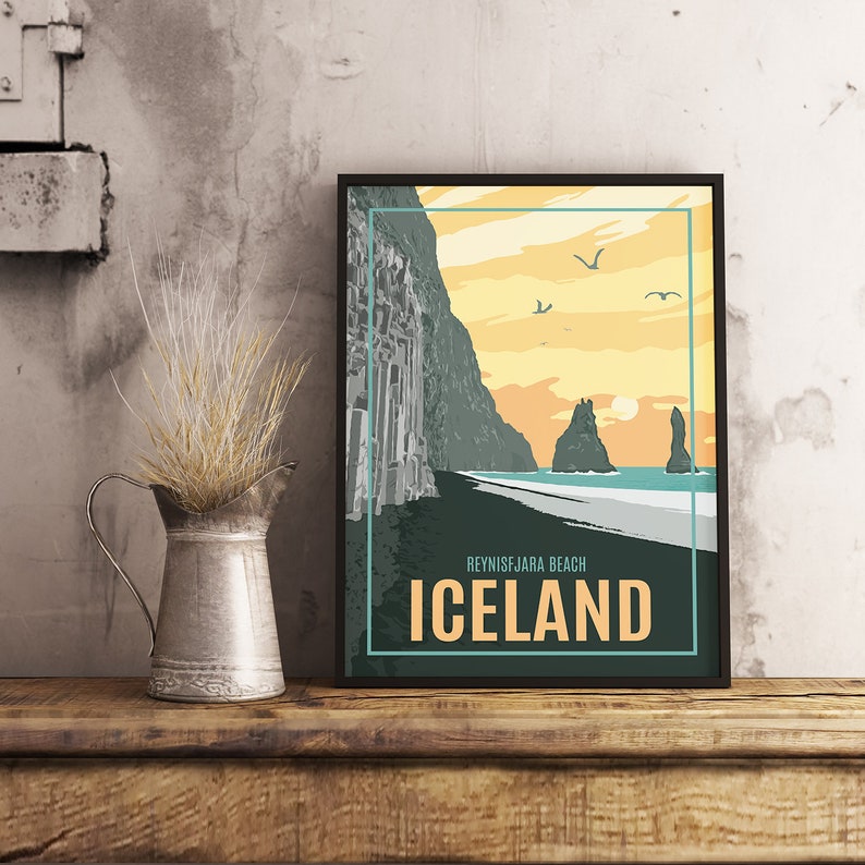 Iceland Reynisfjara Beach Vintage Travel Poster | Etsy
