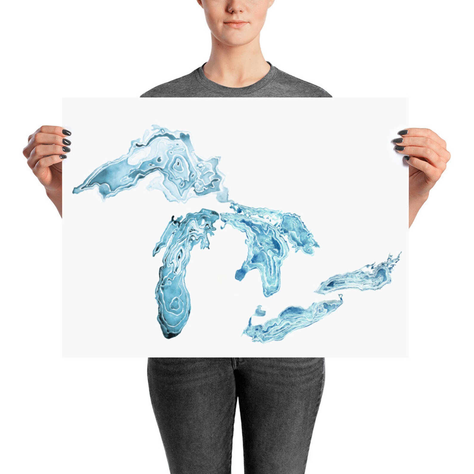 Watercolor Great Lakes Map Poster Great Lakes Print Lake | Etsy