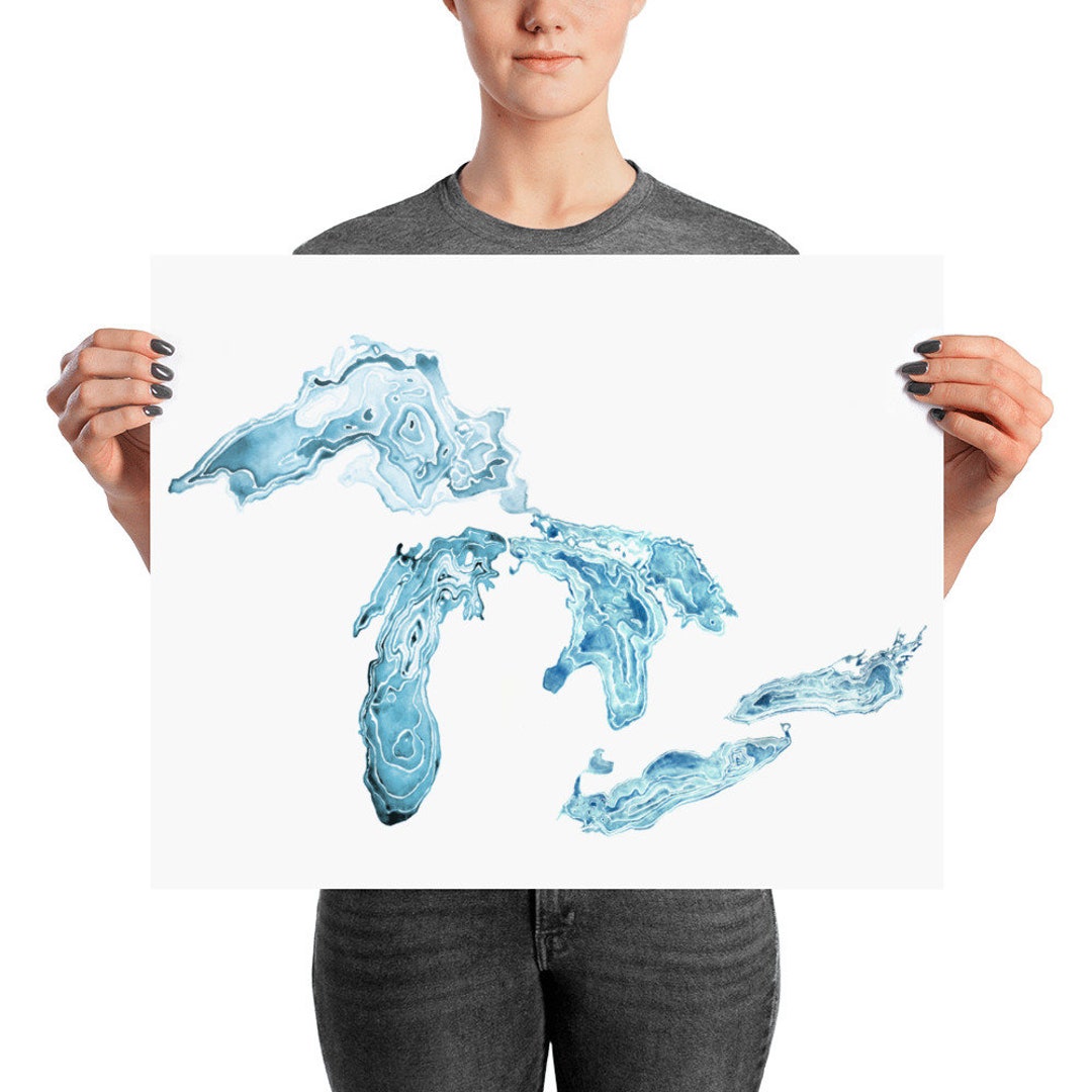 Watercolor Great Lakes Map Poster Great Lakes Print Lake Superior Lake ...