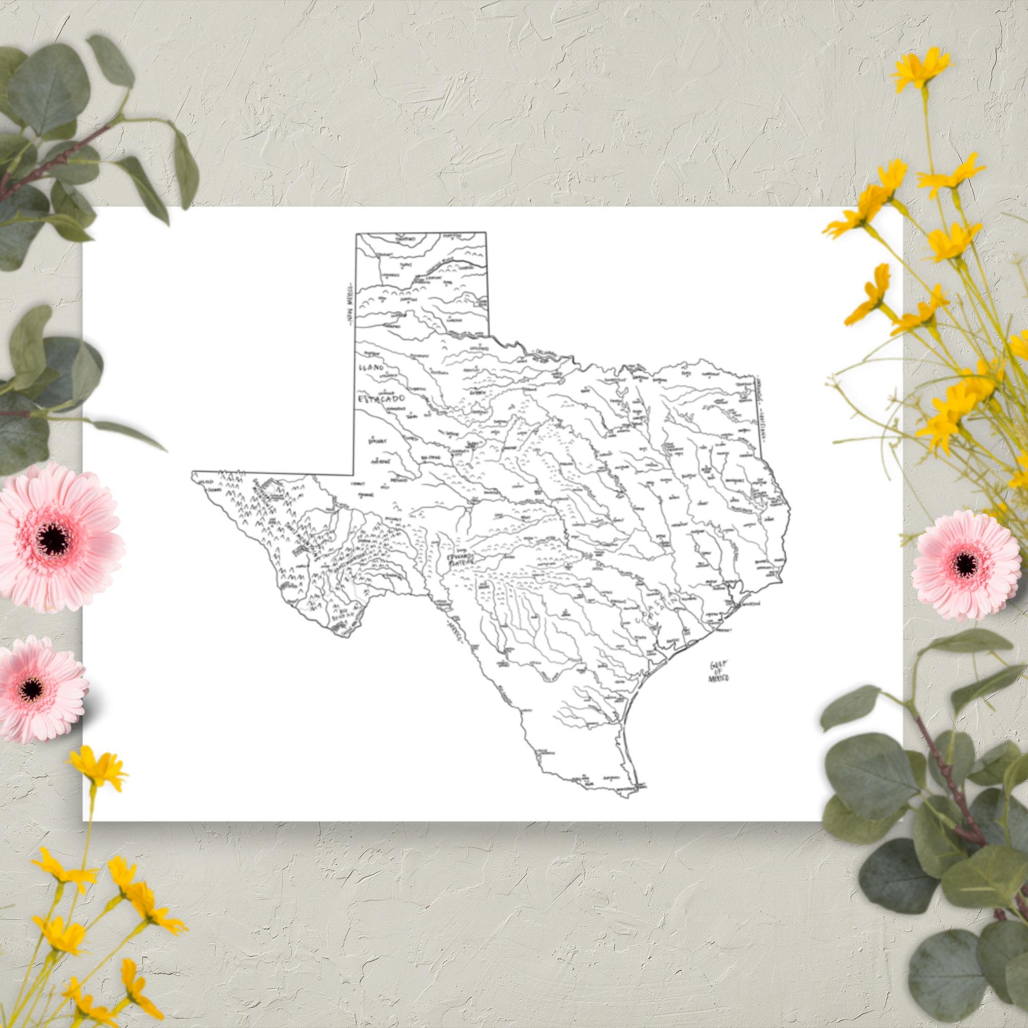 Texas Hand-drawn Map | Fun Illustrated State Map | Matte Paper Wall Art ...
