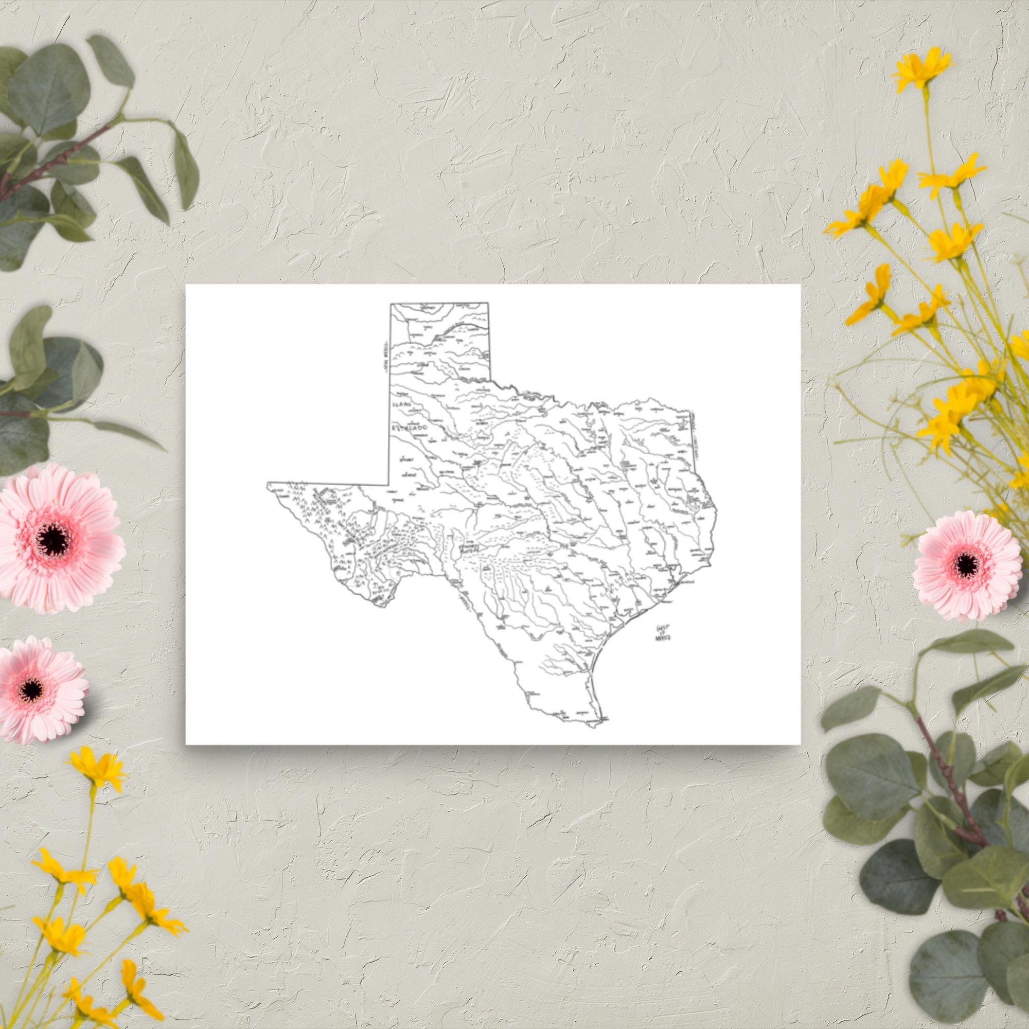Texas Hand-drawn Map | Fun Illustrated State Map | Matte Paper Wall Art ...
