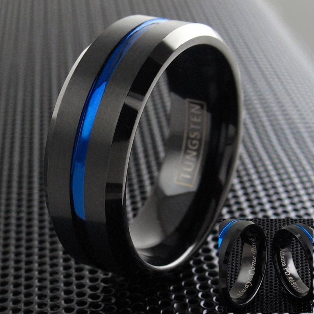 Black Tungsten Brushed Thin Blue Line Wedding Band Ring Custom ...