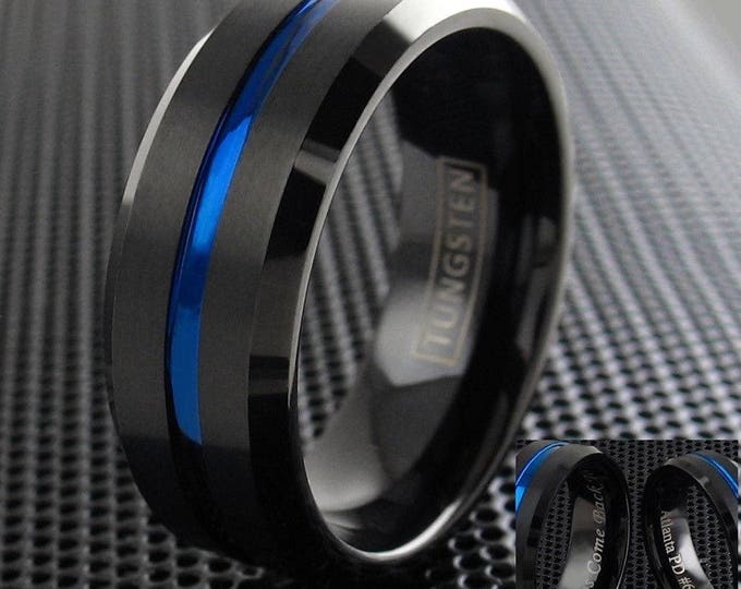Black Tungsten Brushed Thin Blue Line Wedding Band Ring Custom ...