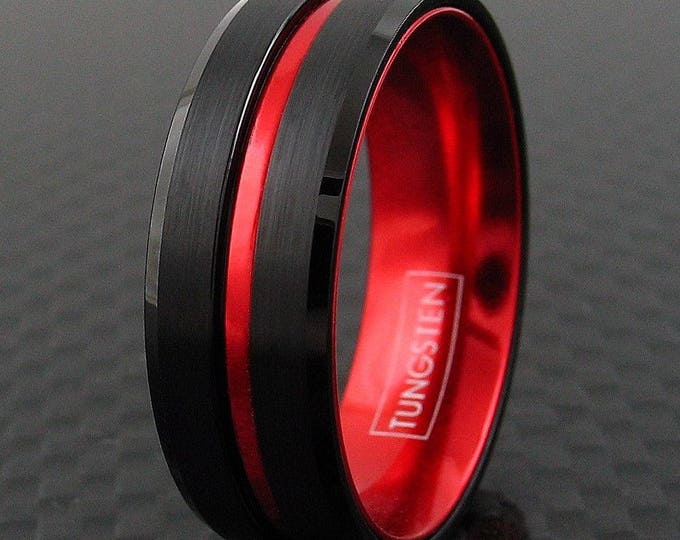 Black Tungsten Men's Thin Red Line Band Ring Red Tungsten Ring Custom ...