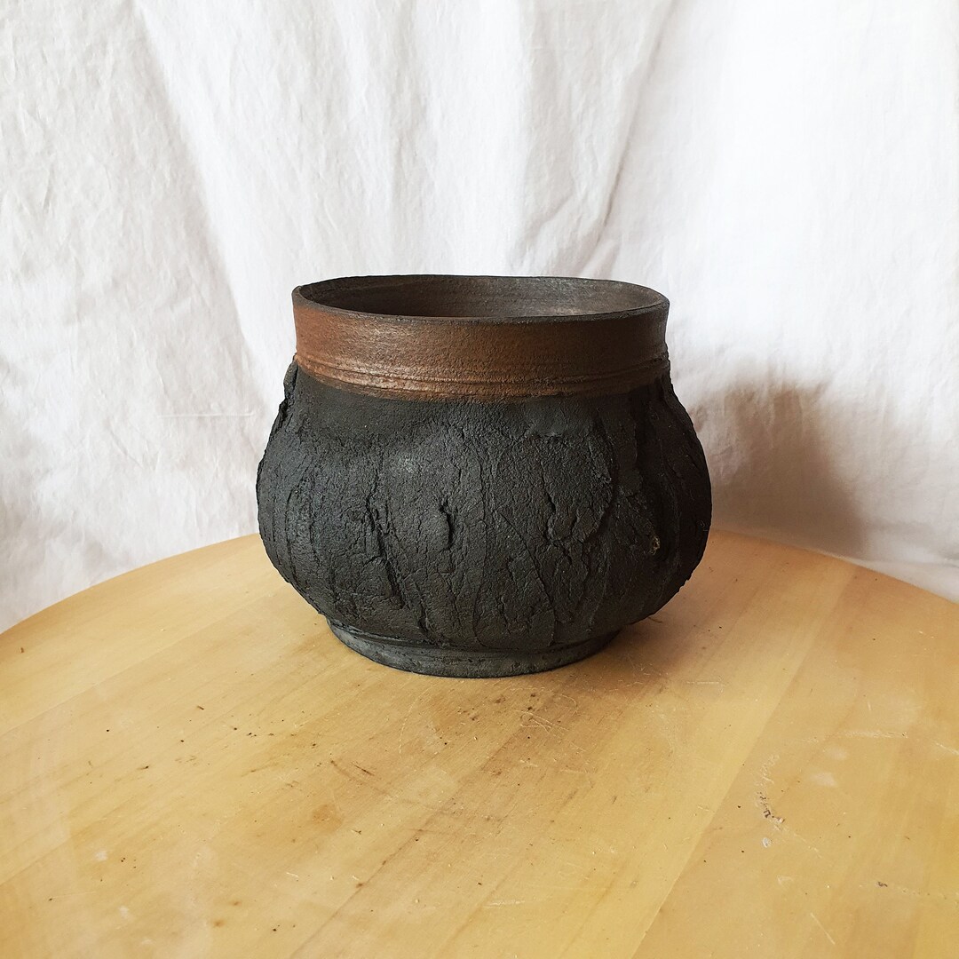 Black Cracked Ceramic Planter RAKU, Smoky, Enameled Interior. - Etsy