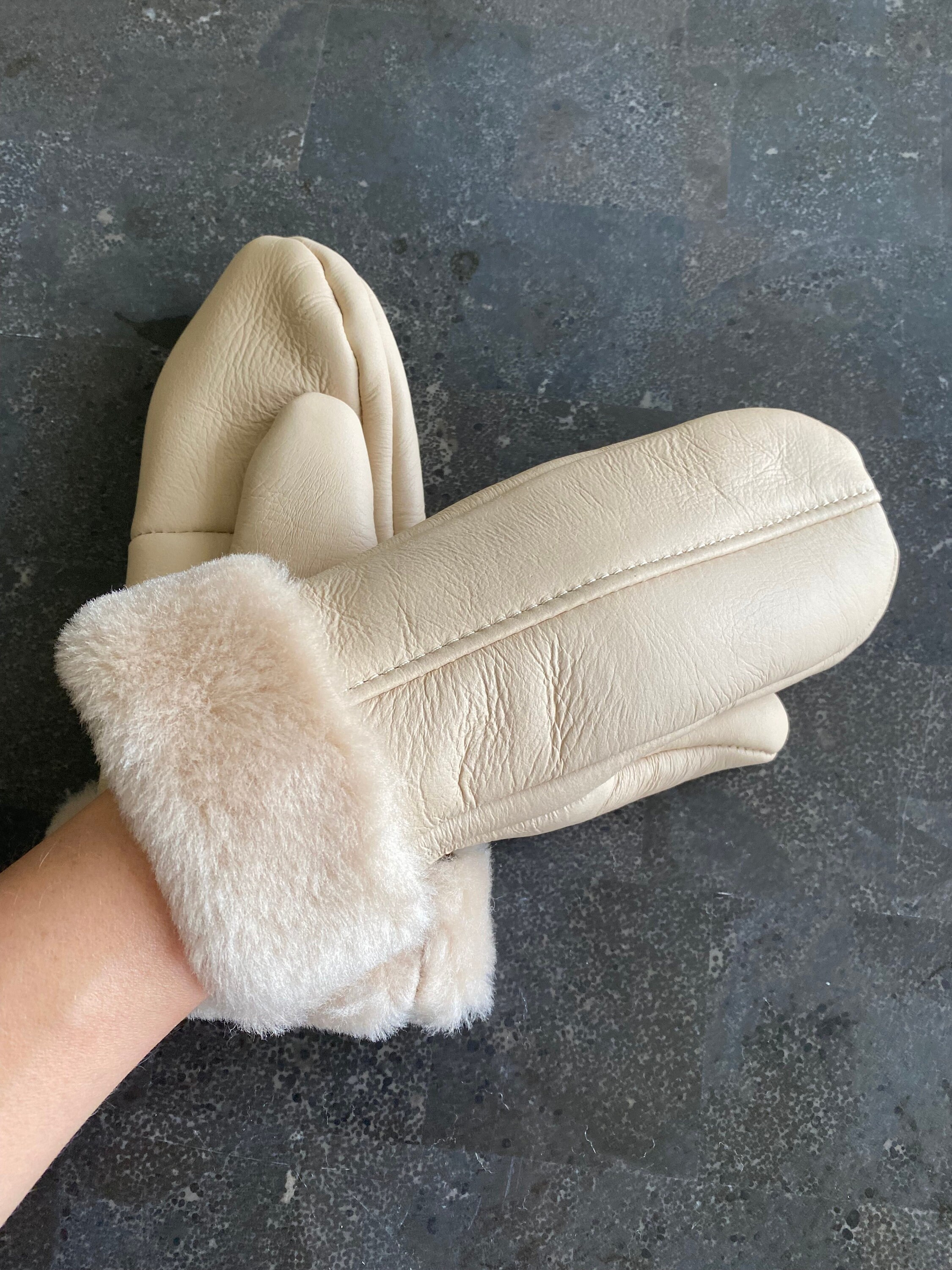 Womens Warm Mittens Sheepskin Fur Leather Turkish Beige Unisex Gloves ...