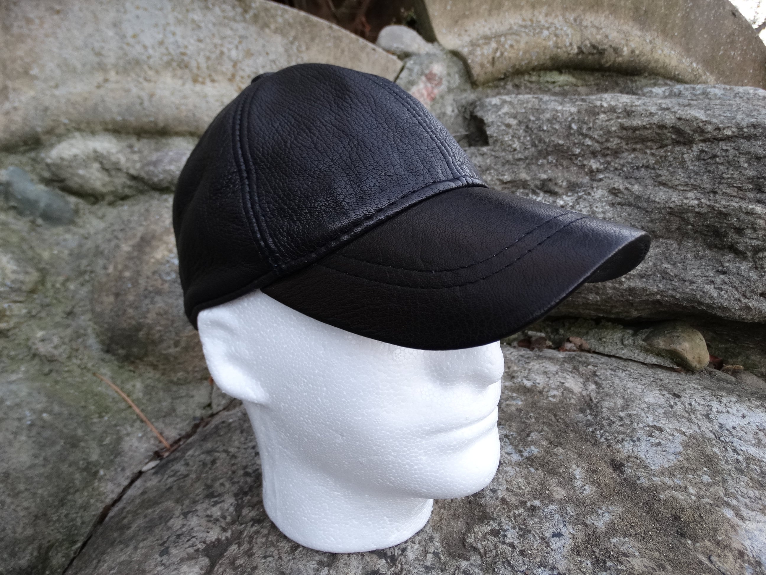 Gorgeous 100% Leather Real Black Baseball Cap Leather Mens Hat Sizes S ...