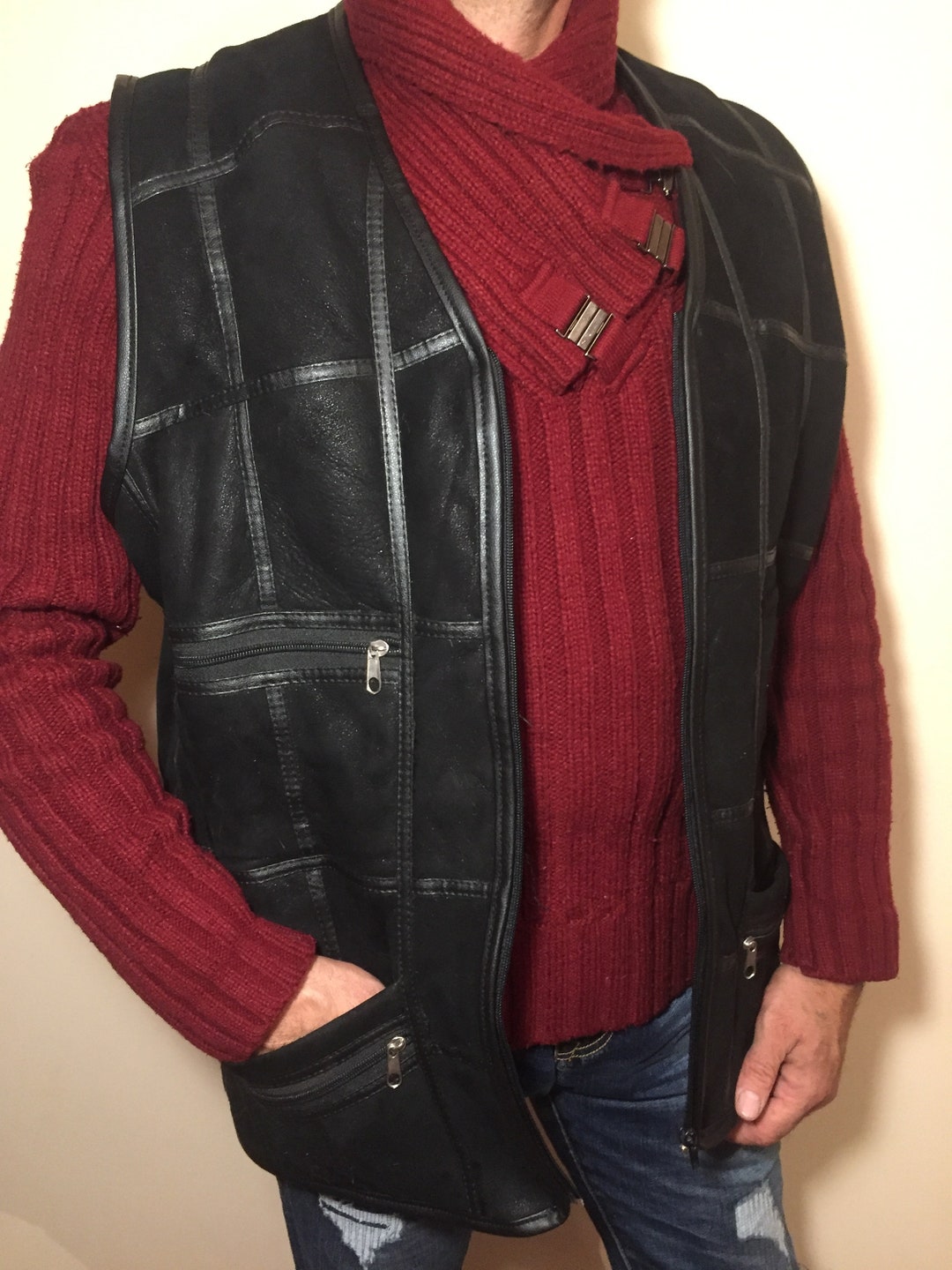 100% Sheepskin Vest Black Leather Vest Turkish Made Mens Body Warmer ...