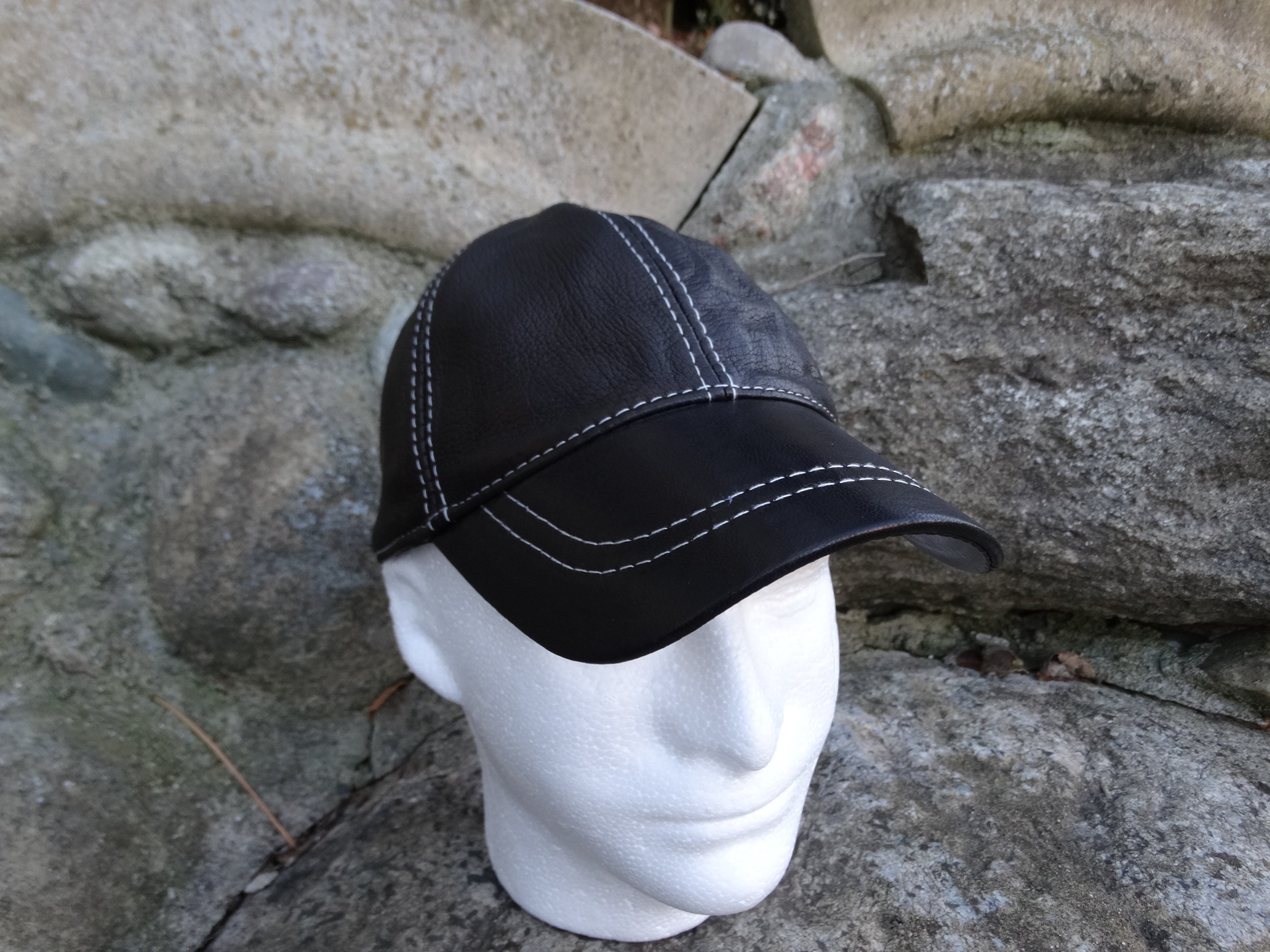 Gorgeous 100% Leather Real Black Baseball Cap Leather Mens Hat Sizes S ...