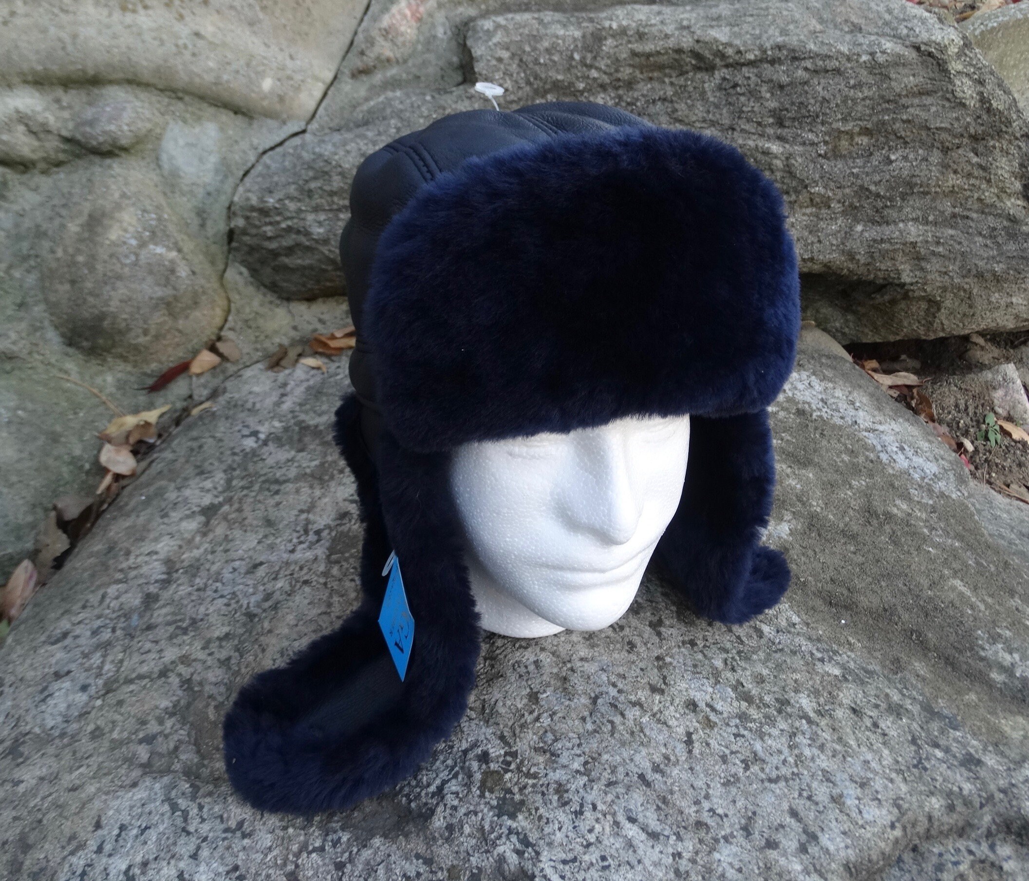 Genuine Dark Blue Leather Sheepskin Mens Winter Hat Bomber Trapper ...