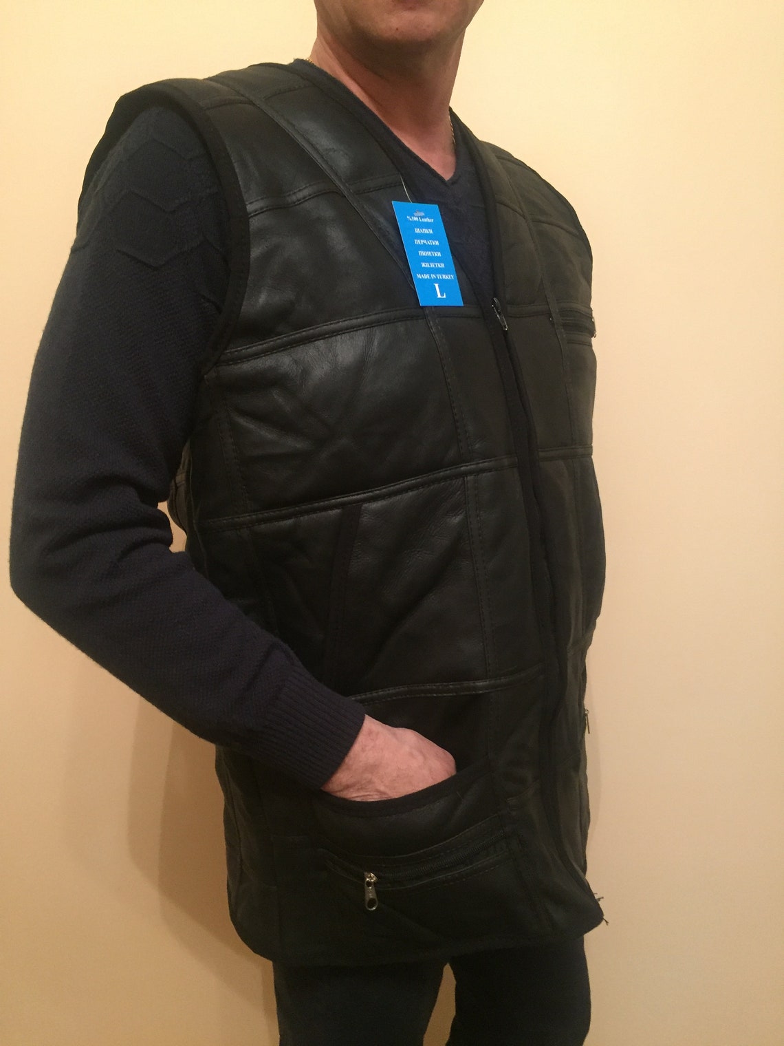 100% Sheepskin Vest Black Leather Vest Turkish Made Mens Body Warmer ...