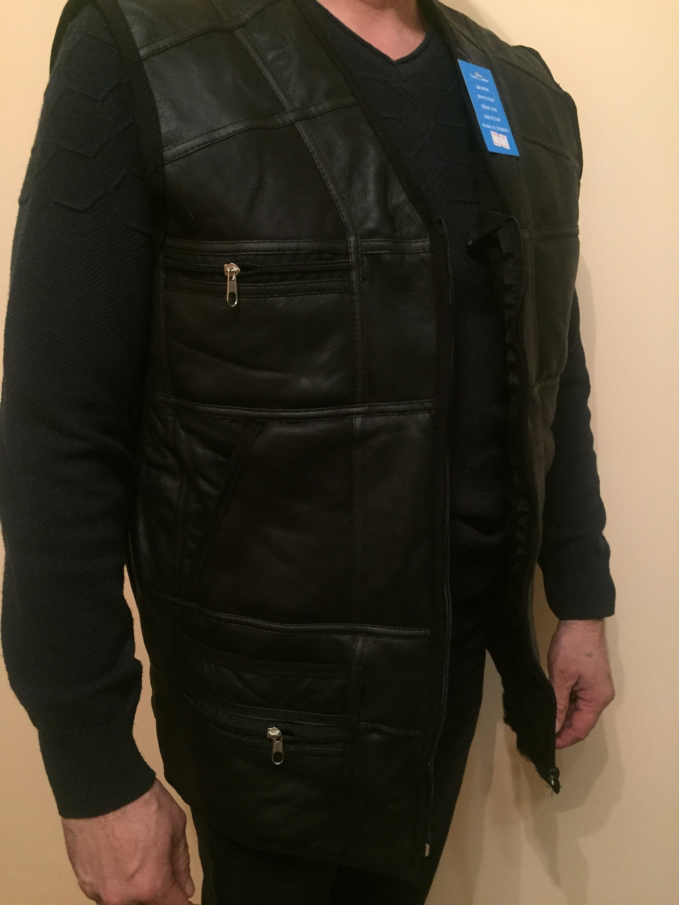100% Sheepskin Vest Black Leather Vest Turkish Made Mens Body Warmer ...