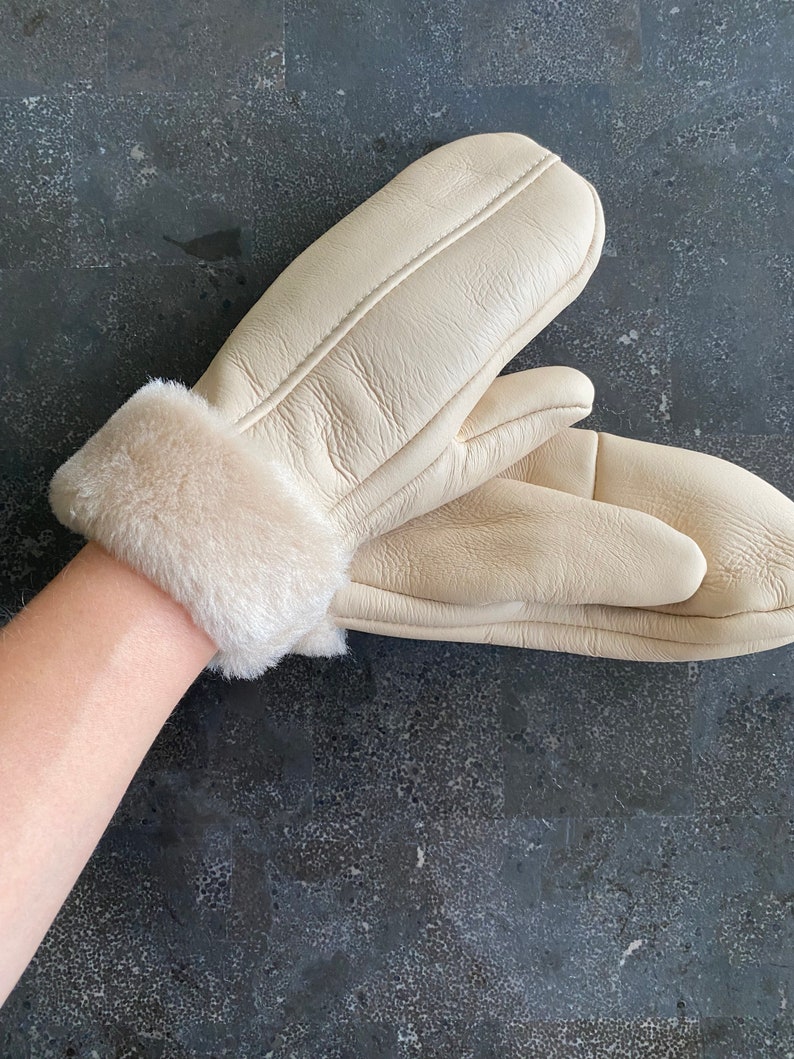 Womens Warm Mittens Sheepskin Fur Leather Turkish Beige Unisex Gloves ...