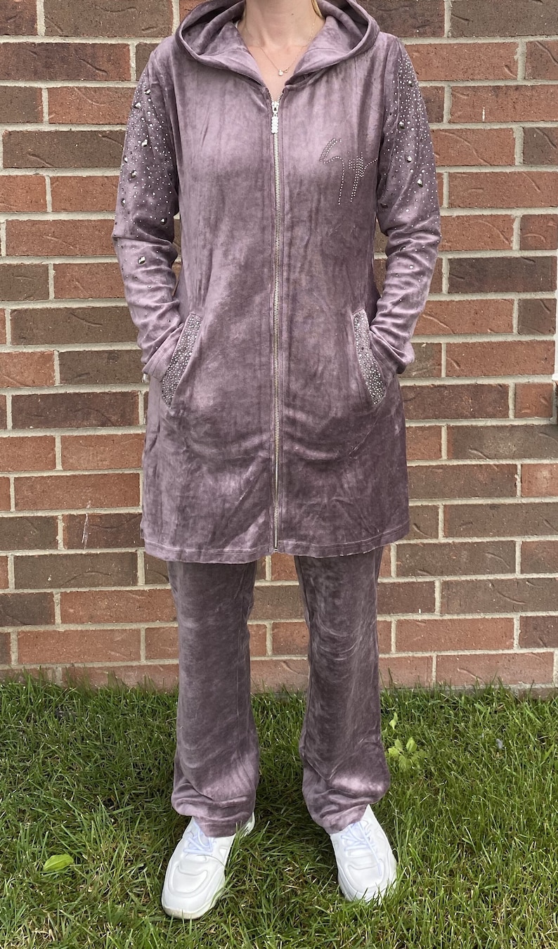 Fashion Velour Beige Tracksuit Set With Rhinostones Long Hooded Suit ...
