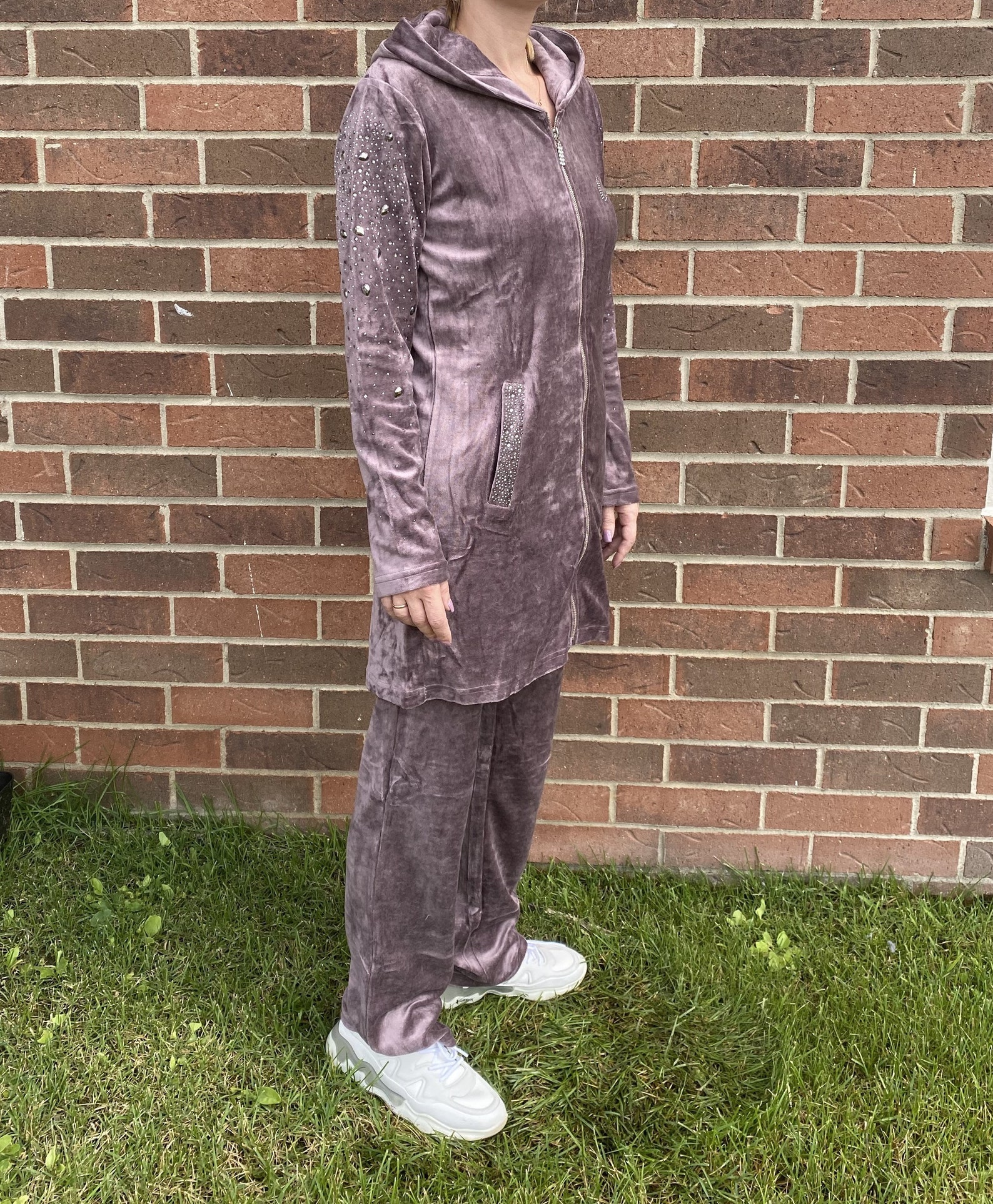 Fashion Velour Beige Tracksuit Set With Rhinostones Long Hooded Suit ...