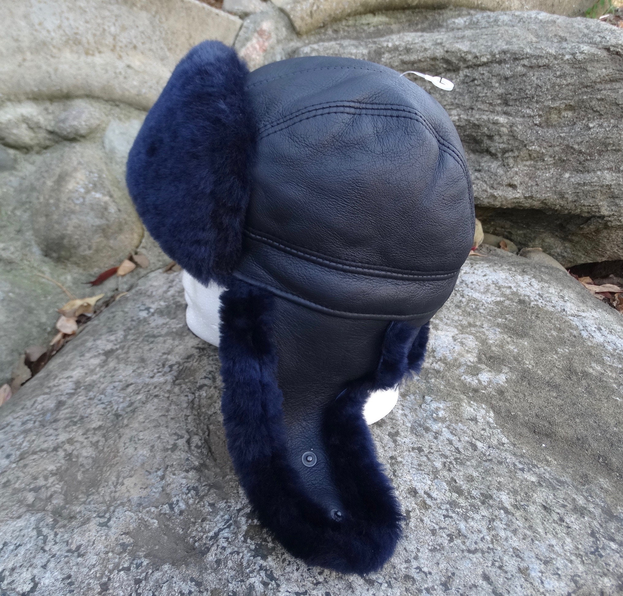 Genuine Dark Blue Leather Sheepskin Mens Winter Hat Bomber Trapper ...