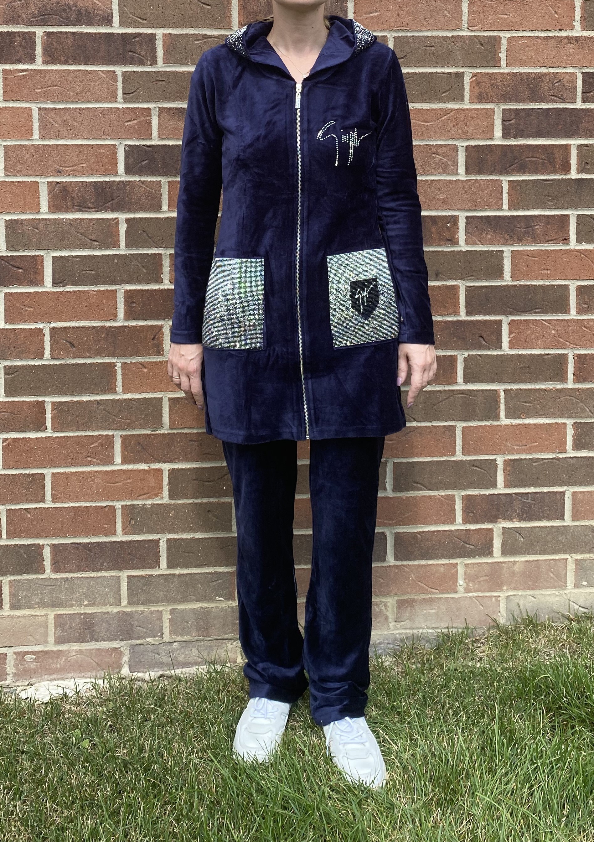 Fashion Velour Dark Blue Tracksuit Set With Rhinostones Long Hooded Suit Straight Leg Pants ...