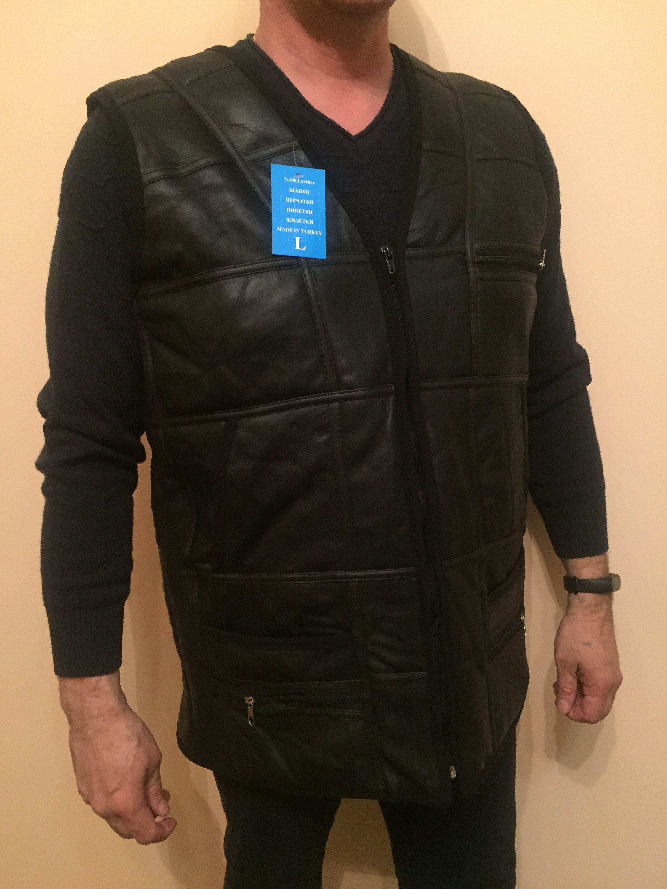 100% Sheepskin Vest Black Leather Vest Turkish Made Mens Body Warmer ...